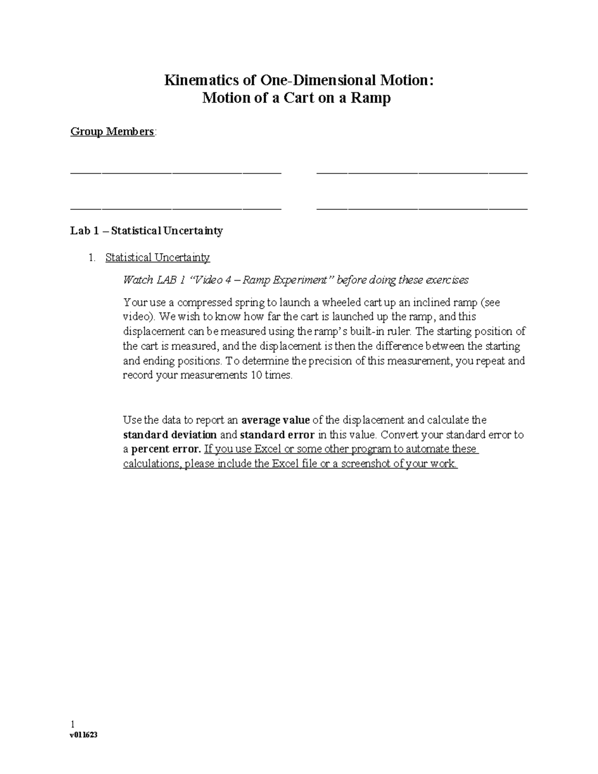 PHYS 101 Laboratory 2 - Kinematics of One-Dimensional Motion: Motion of ...