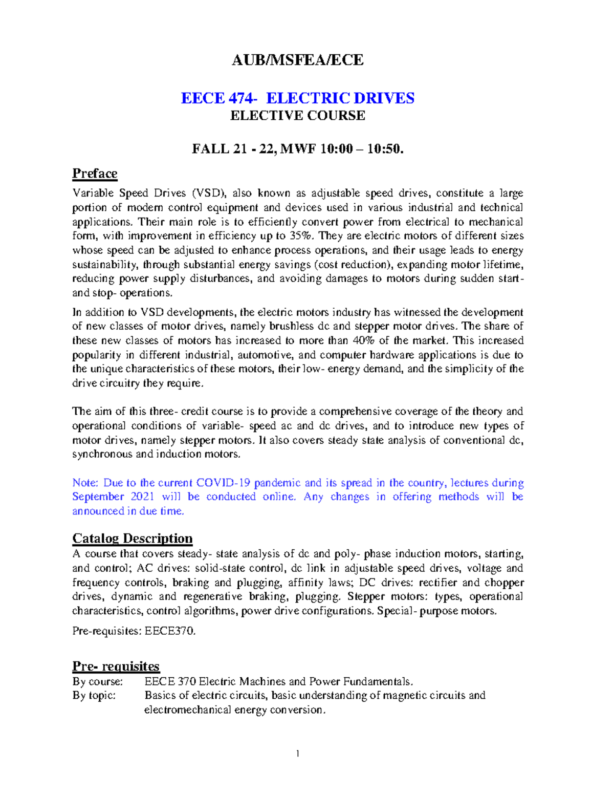 EECE474 syllabus Fall21 22 - AUB/MSFEA/ECE EECE 474- ELECTRIC DRIVES ELECTIVE COURSE FALL 21 ...