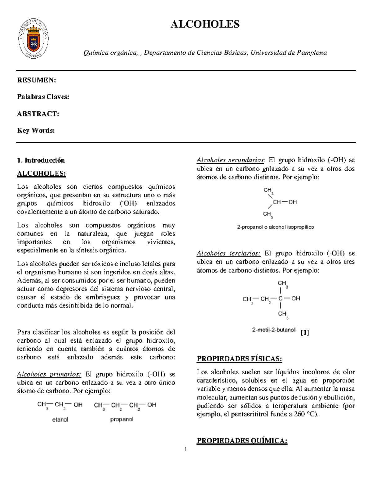 Practica alcoholes - 1 ALCOHOLES Química orgánica, , Departamento de Ciencias Básicas ...