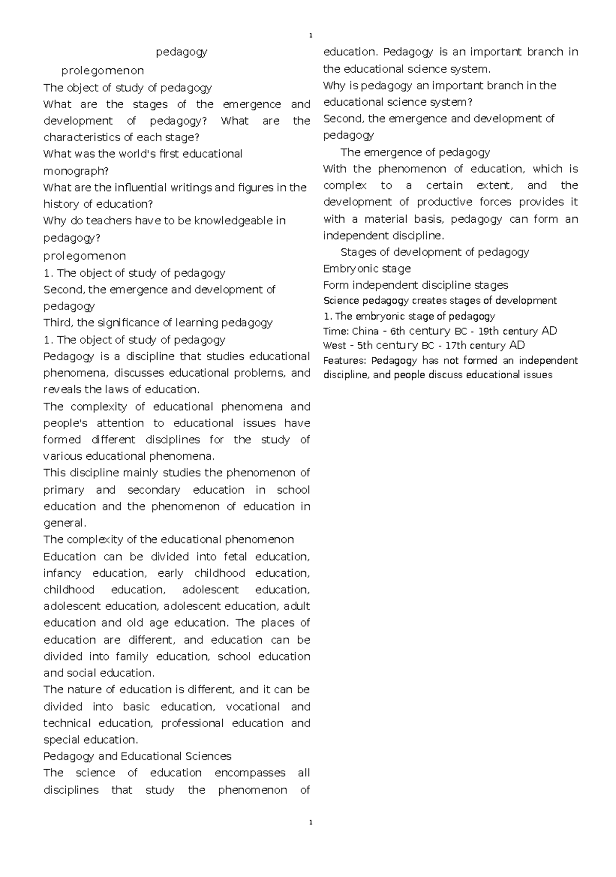 The object of study of pedagogy - pedagogy prolegomenon The object of ...