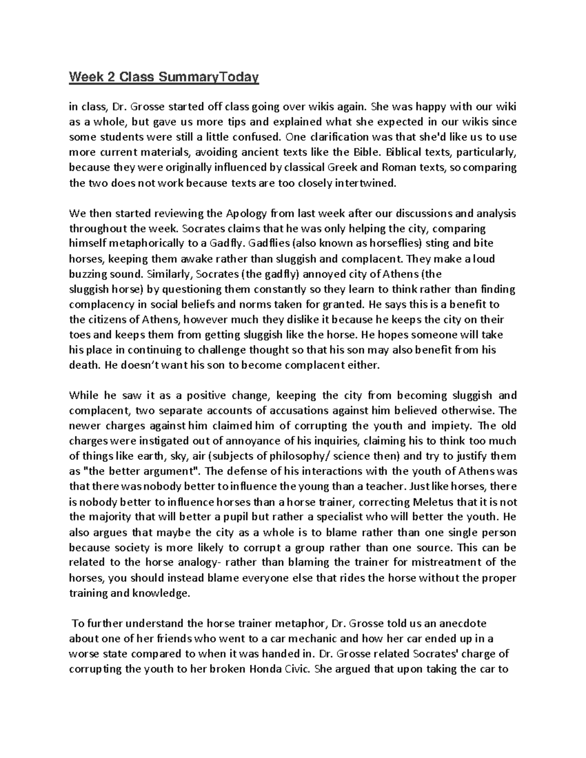 Week 2 Class Summary - Week 2 Class SummaryToday in class, Dr. Grosse ...