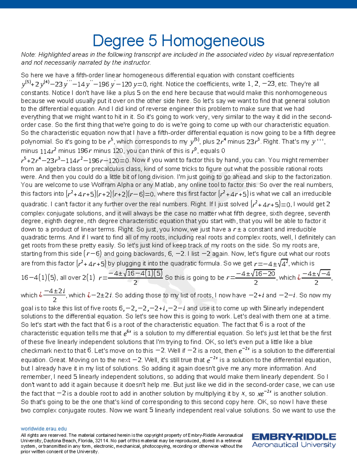 Degree 5 Homogeneous Transcript - worldwide.erau All rights are ...