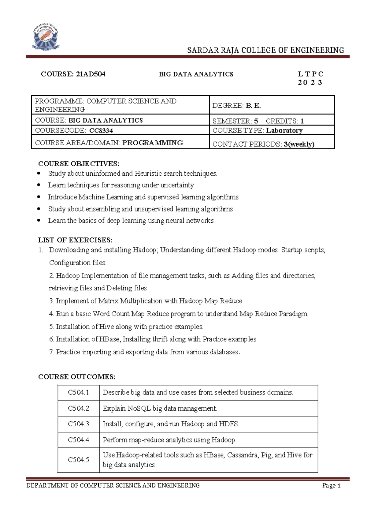 Big data LAB MLP AIDS - Lab syllabus - SARDAR RAJA COLLEGE OF ...