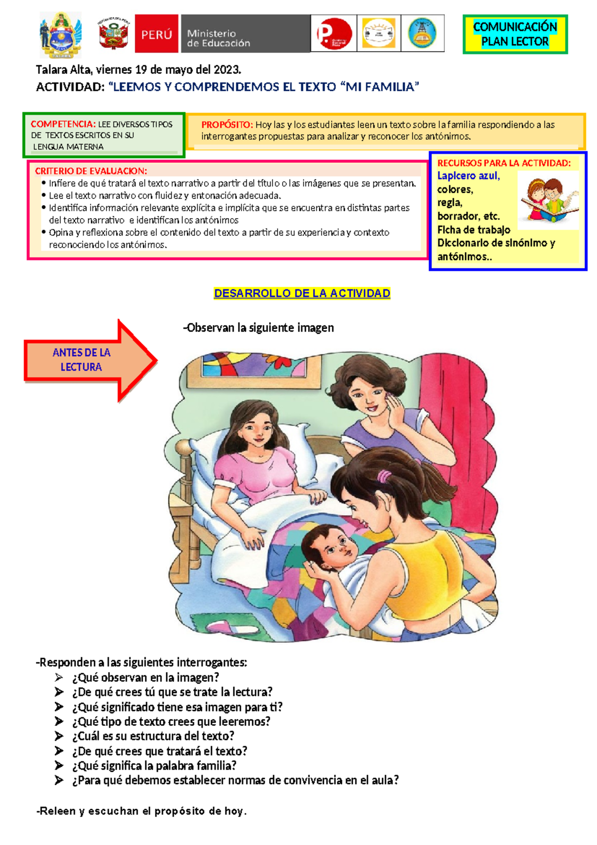 Sesion Comunicacion Leemos Y Comprendemos EL Texto MI Familia - PLAN ...