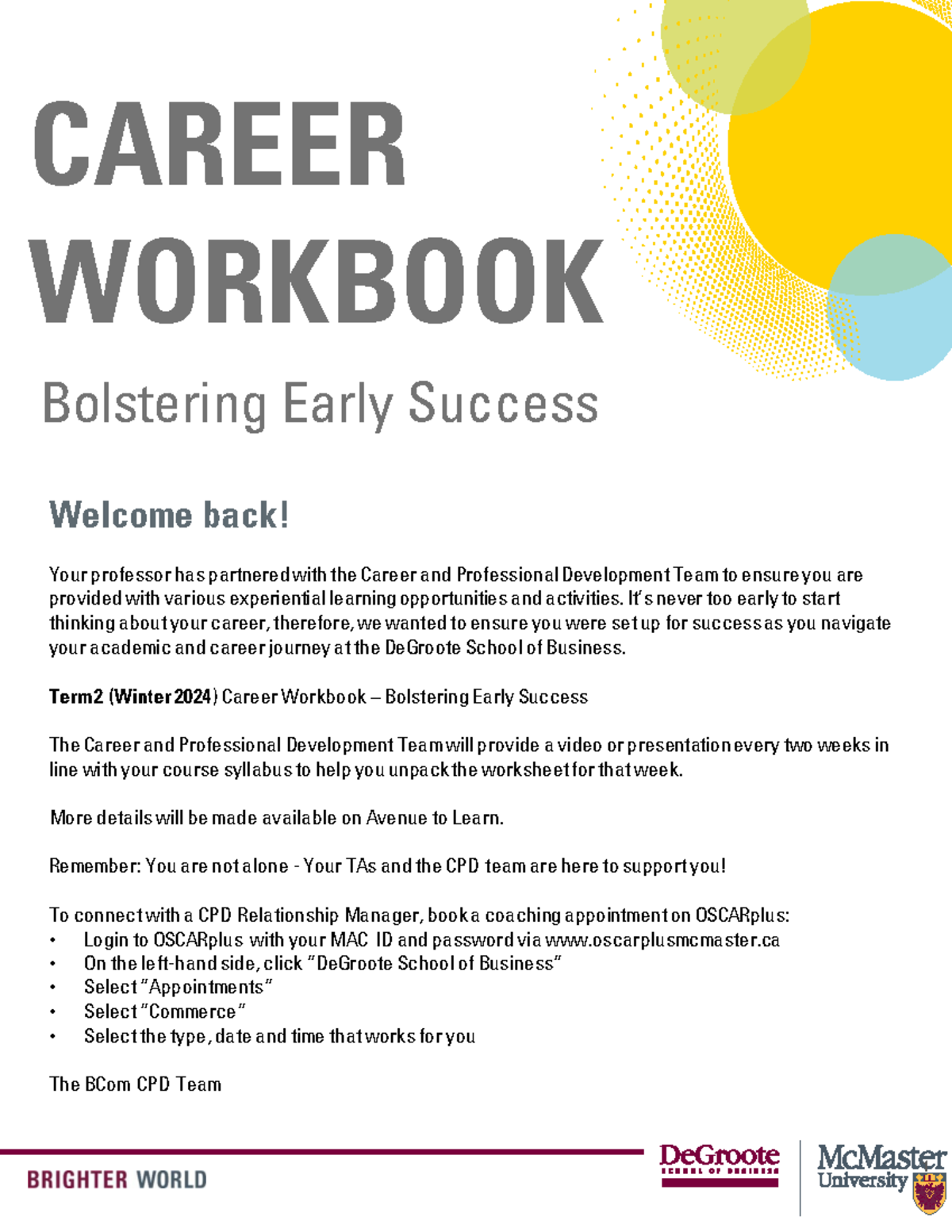 1GR0 Career Workbook - Winter 2024 - Welcome back! Your professor has ...