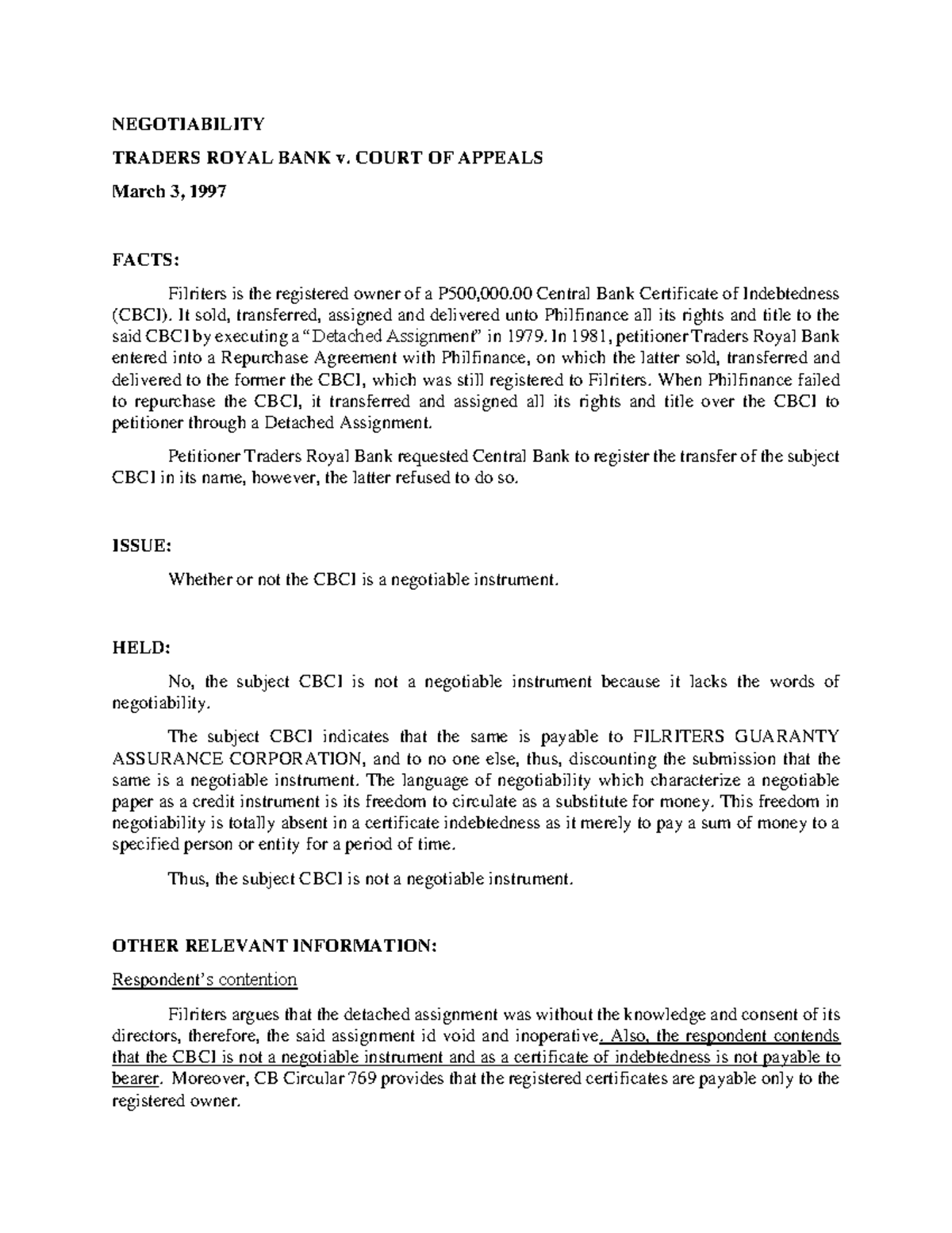 1. Traders Royal Bank v. Court of Appeals, 1997 - Warning: TT ...