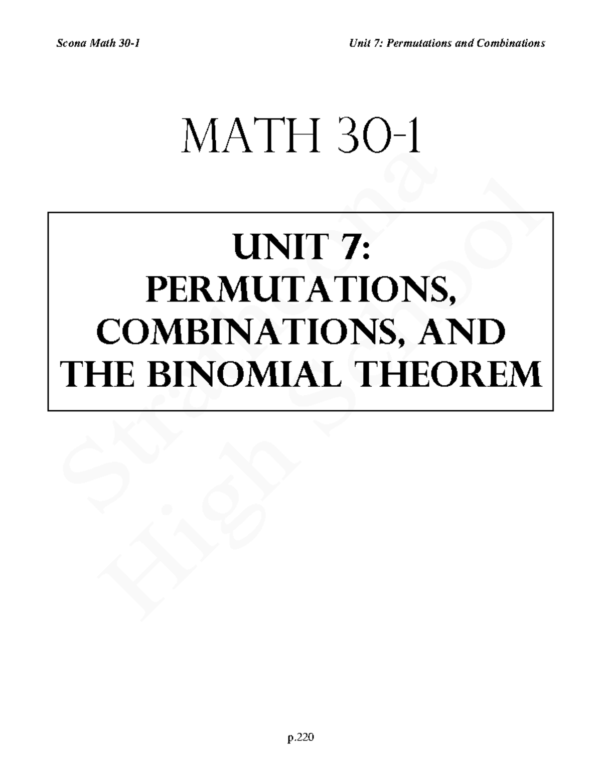 Ma 30 1 Workbook Scona MATH 30 UNIT 7 PERMUTATIONS COMBINATIONS