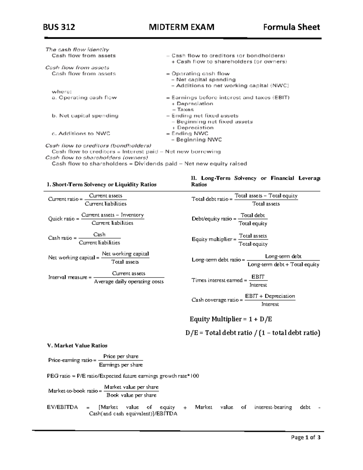 Formula Sheet Midterm Exam - BUS 312 MIDTERM EXAM Formula Sheet Page 1 of 3 Equity Multiplier ...