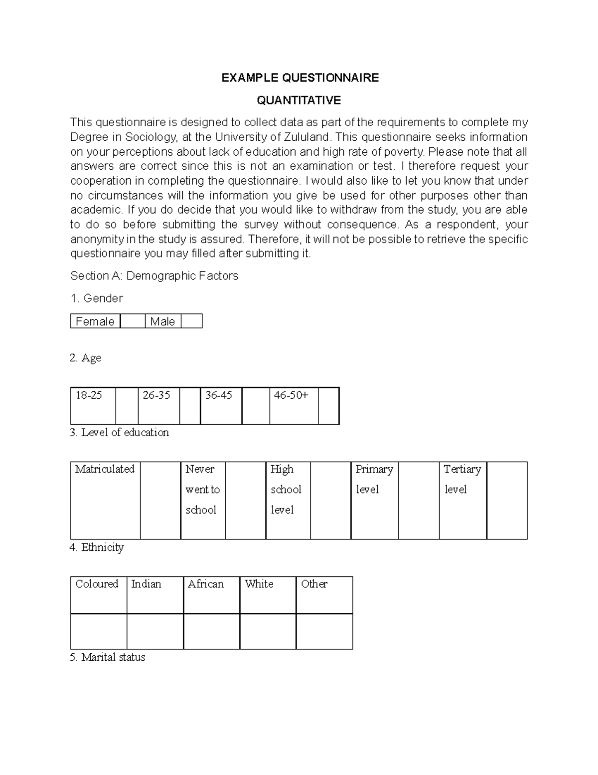 Example Questionnaire Quantitative - EXAMPLE QUESTIONNAIRE QUANTITATIVE ...