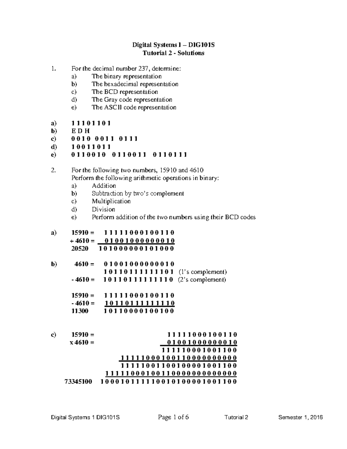 Tutorial 2 Solutions - Digital Systems 1 - Digital Systems I – DIG101S ...
