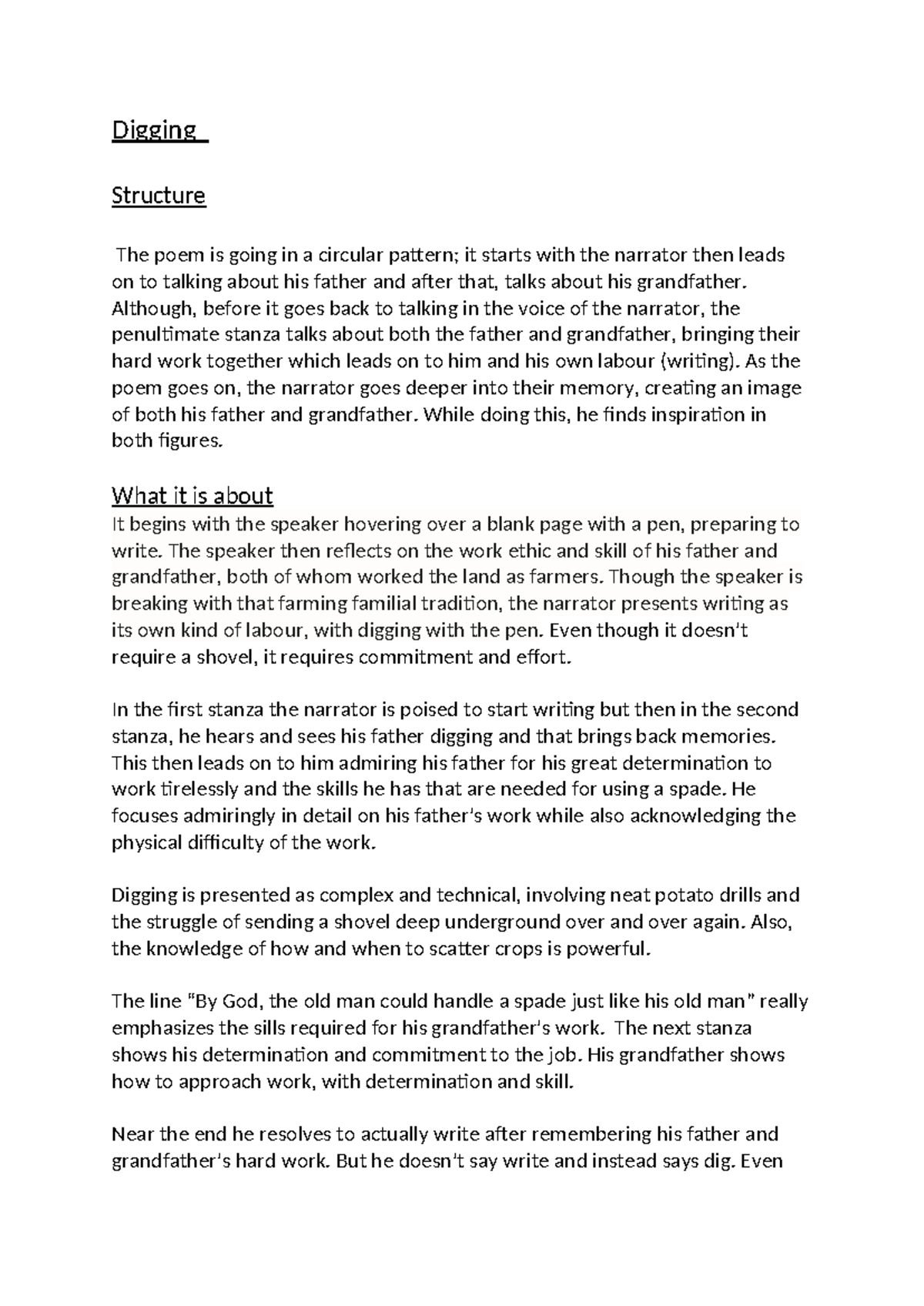 Digging- poem analysis - Digging Structure The poem is going in a ...