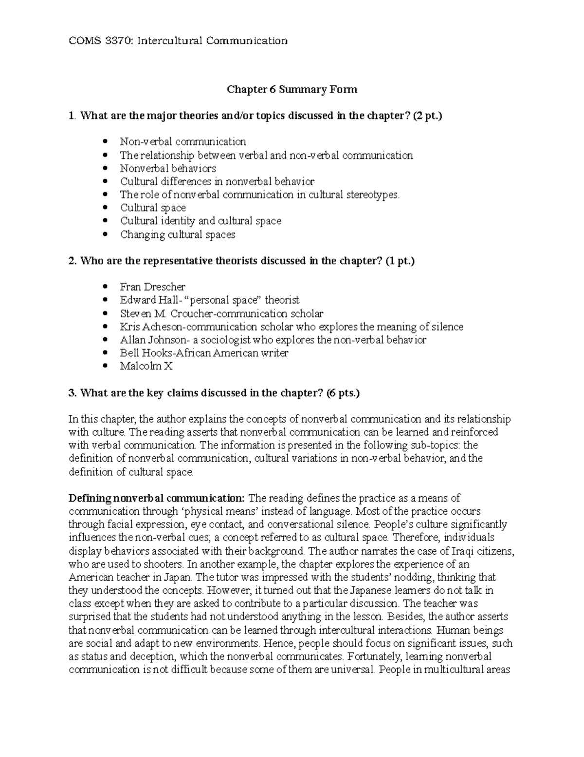 Chapter 6 - Nonverbal Communication Issues - Summary Form - COMS 3370 ...