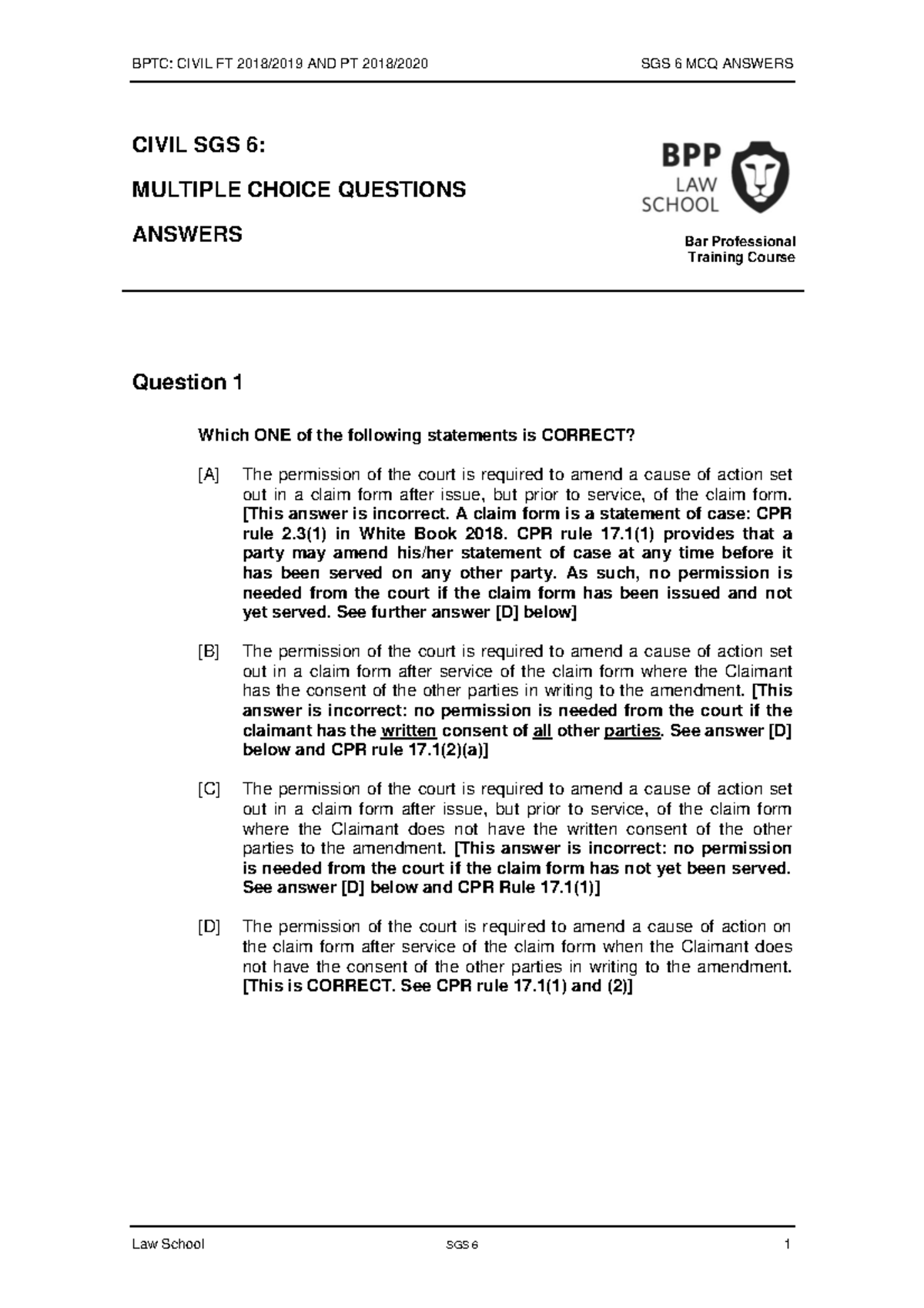 Civil SGS 6 MCQ Answers - Past year papers - BPTC: CIVIL FT 2018/2019 ...