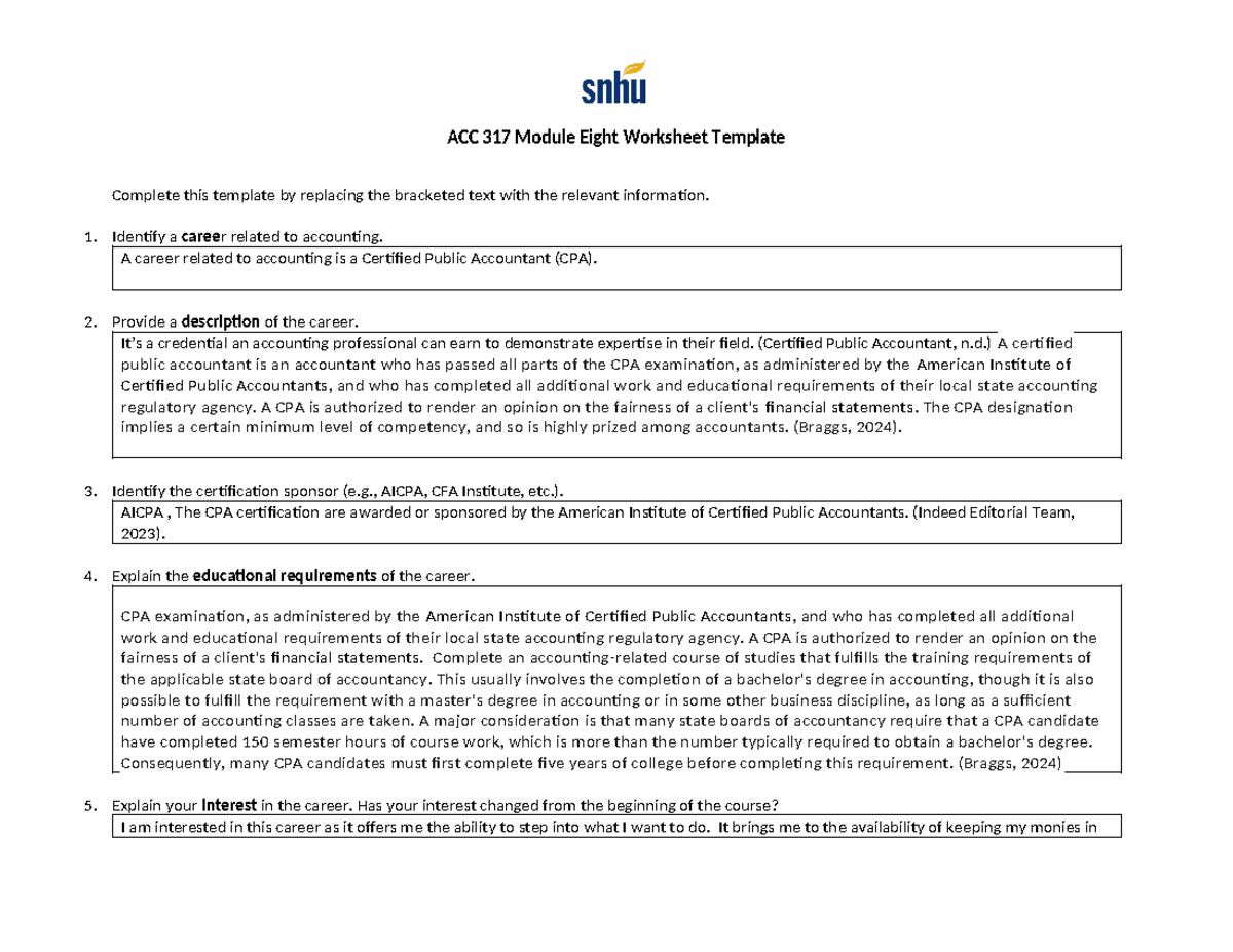 ACC 317 Module Eight Worksheet - Identify a career related to ...