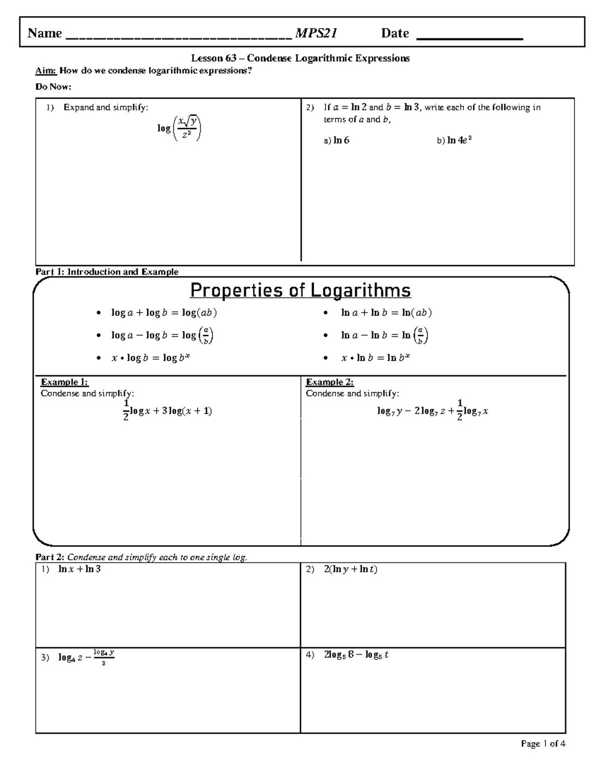 MPS21 WS # 63 - Condense Logs - S Lesson 63 – Condense Logarithmic ...