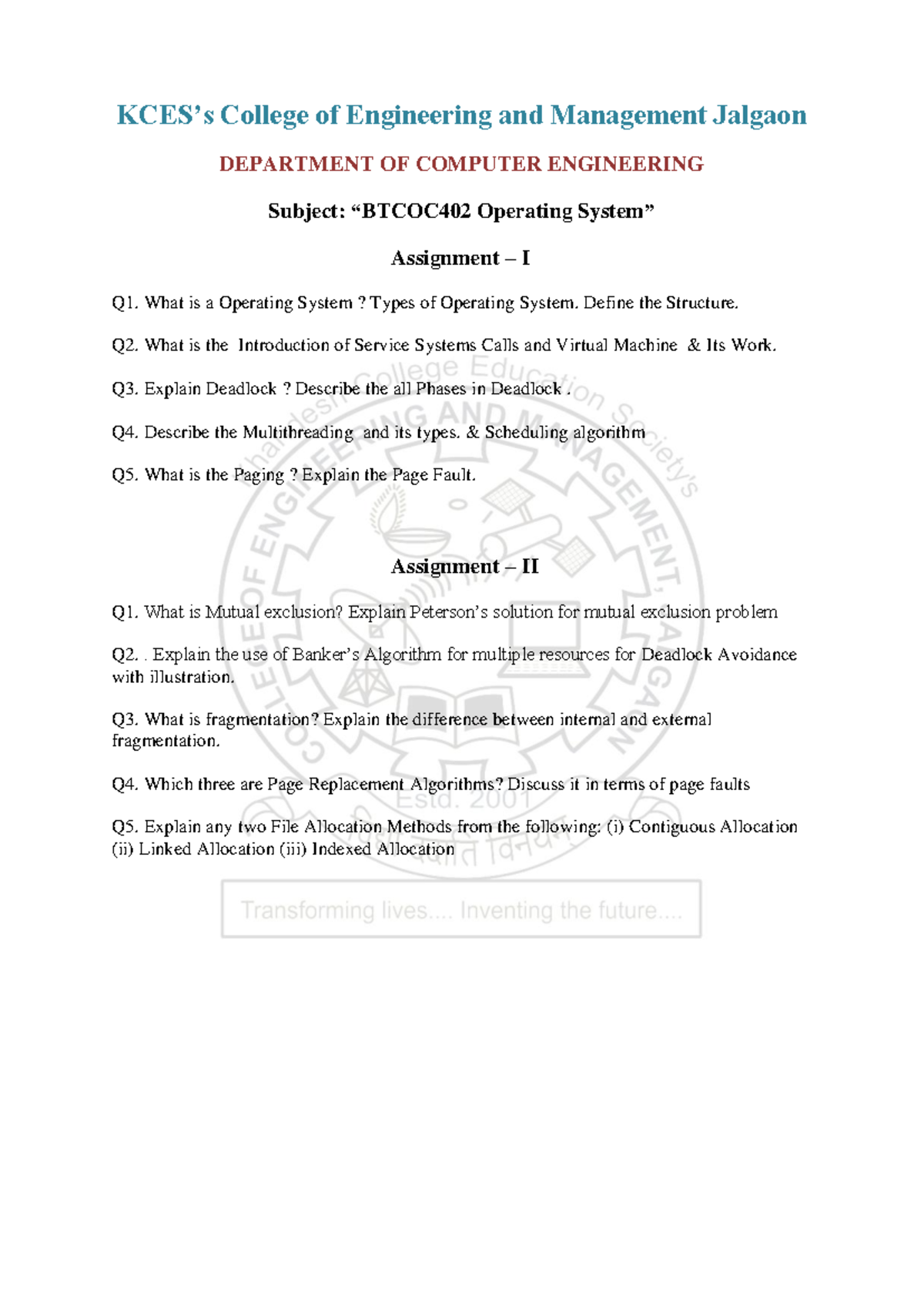 Assignment tutorial QB MCQ of Operating System (A DIV) - KCES’s College of Engineering and - Studocu