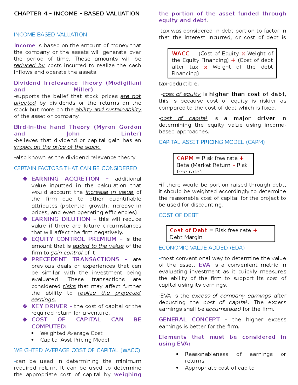 Chapter 4 - Notes - CHAPTER 4 – INCOME – BASED VALUATION INCOME BASED ...