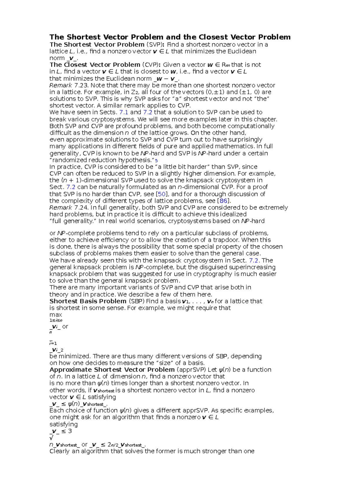 The Shortest Vector Problem And The Closest Vector Problem Find A Nonzero Vector V ∈ L That
