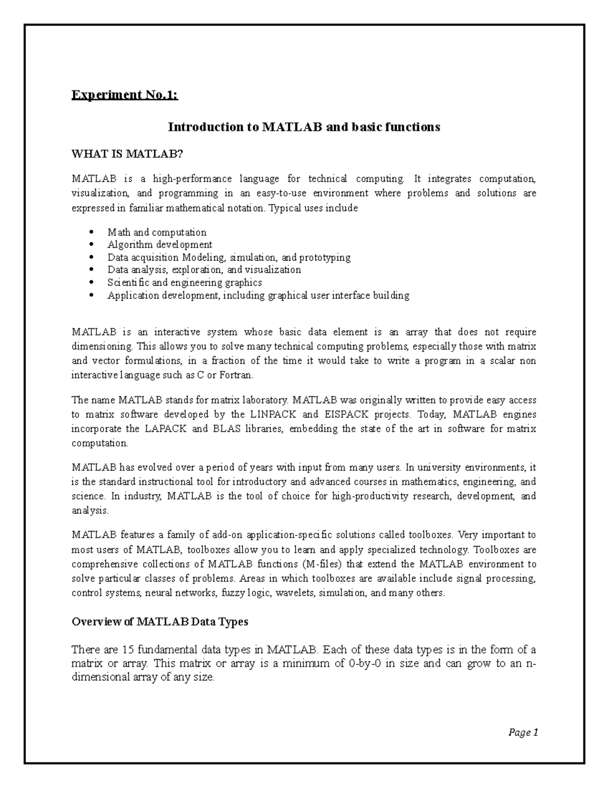 Lab Lab Manual Experiment No Introduction To Matlab And Basic