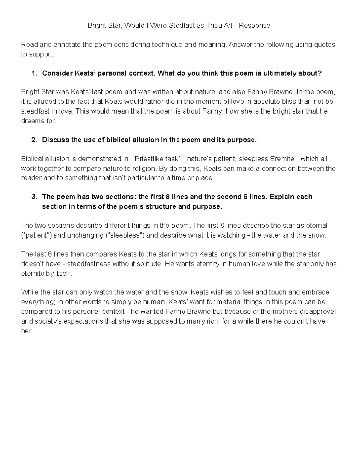 Bright Star, Would I Were Stedfast as Thou Art q and a - English ...