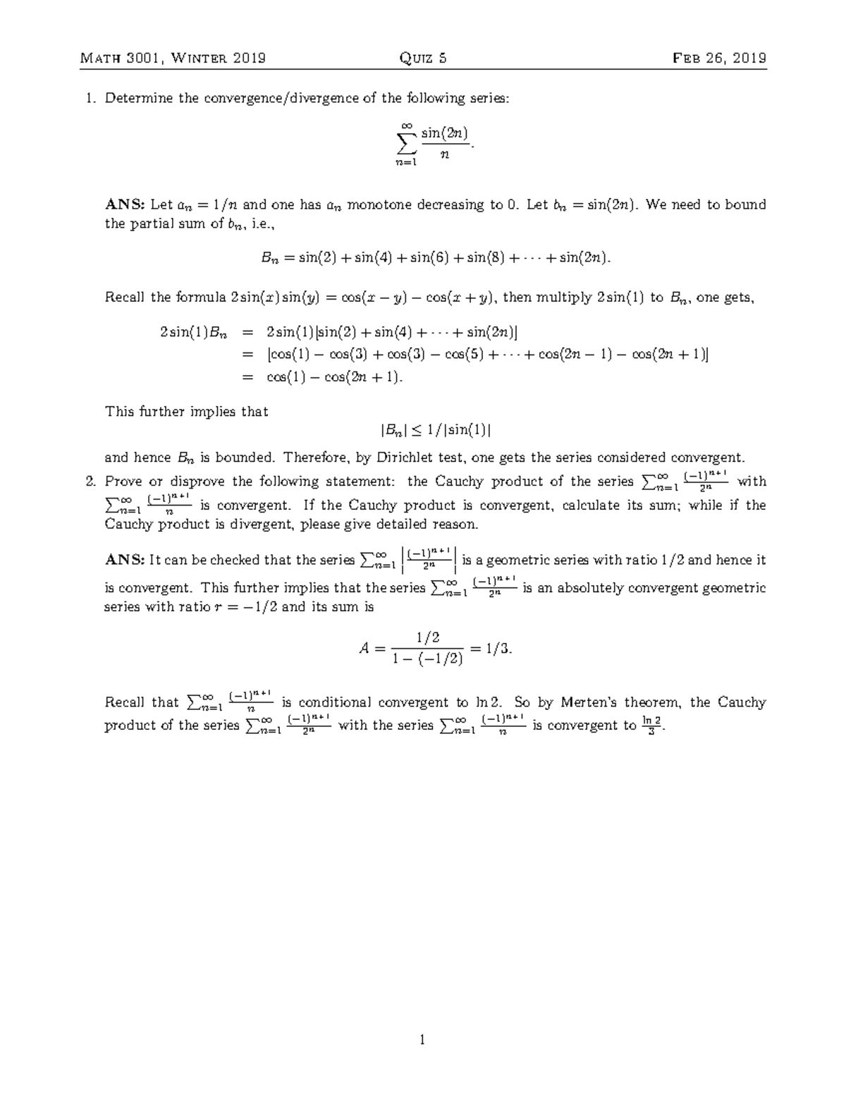 Quiz 5-Math 3001 Solution - Math 3001, Winter 2019 Quiz 5 Feb 26, 2019 ...