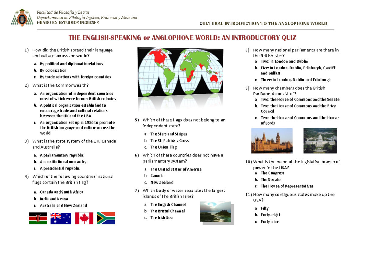 PLA 1 - Quiz Anglophone world - Facultad de y Letras Departamento de ...