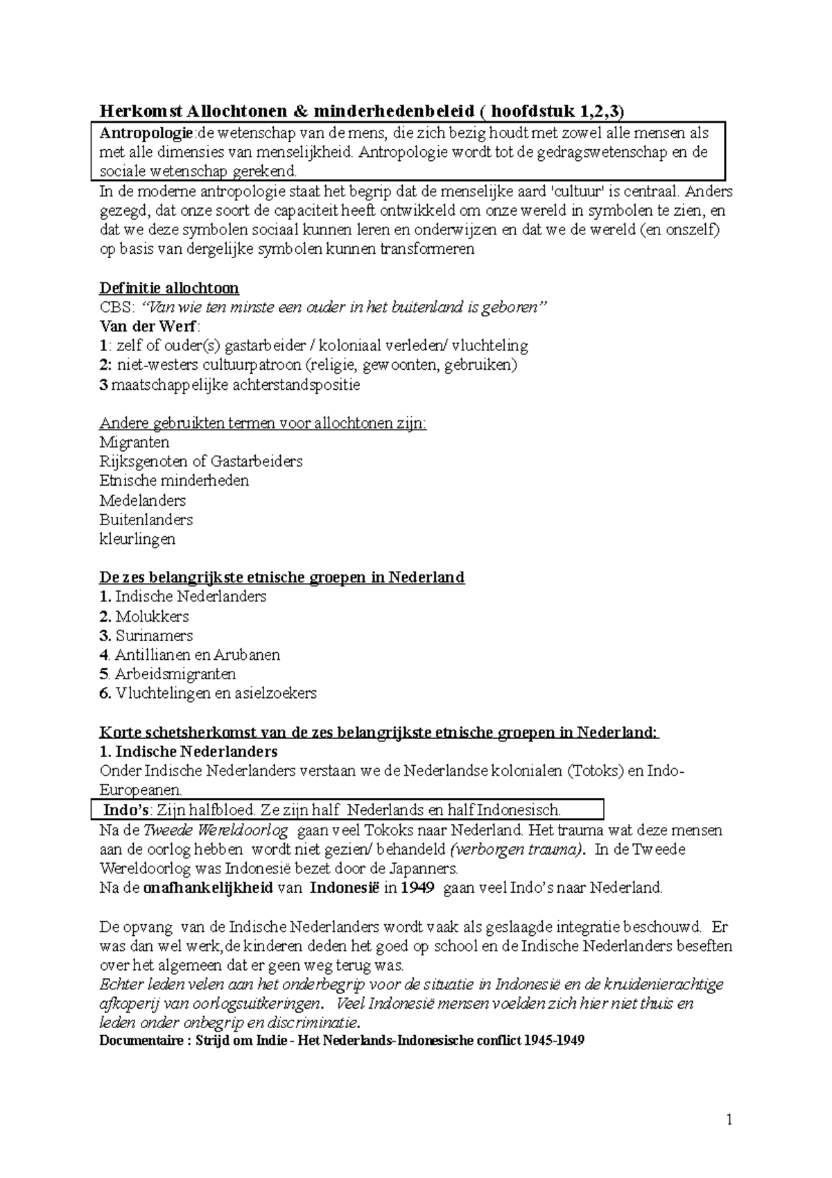 Samenvatting, culturele antropologie, allochtonen in de multiculturele samenleving - Herkomst ...