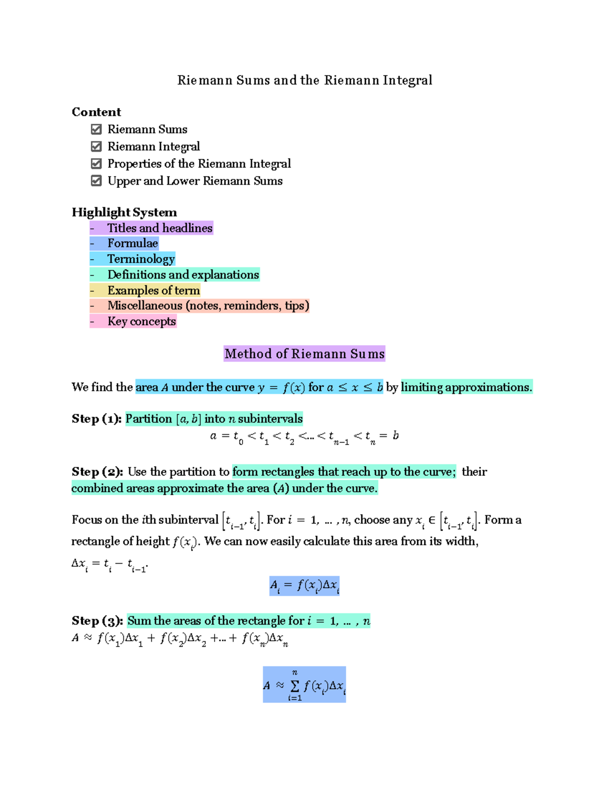 Riemann Sums and Riemann Integral Review - Riemann Sums and the Riemann ...