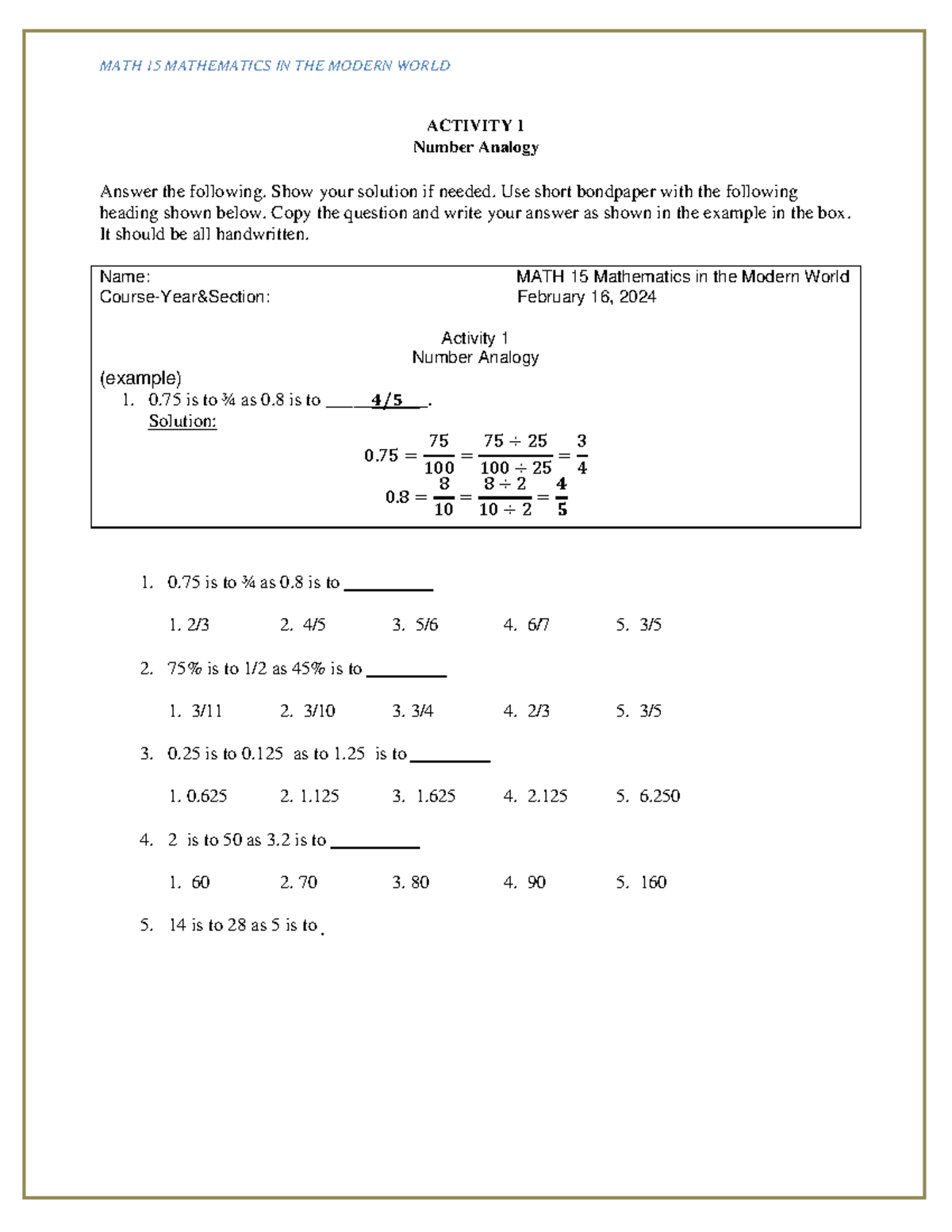 ACT 1 ANALOGY CRIM - MATH 15 MATHEMATICS IN THE MODERN WORLD ACTIVITY 1 ...