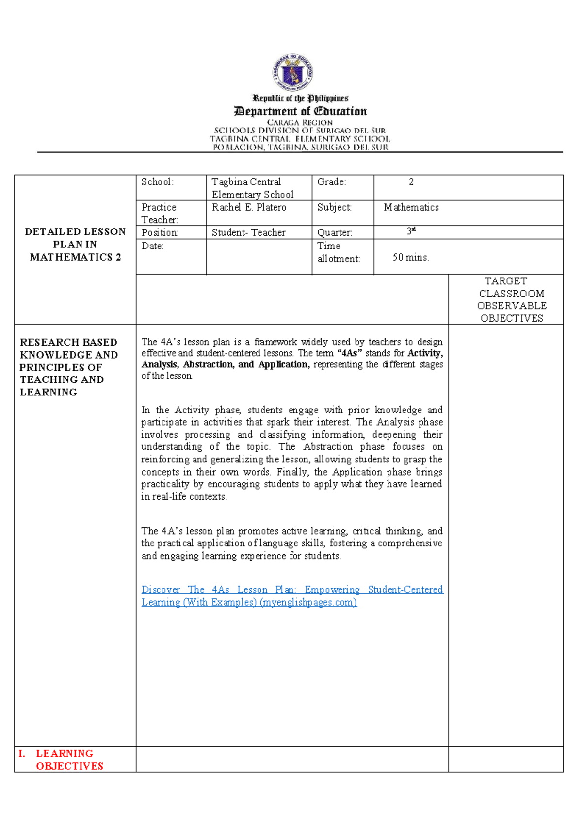 CO2-Mathematics-2 - DETAILED LESSON PLAN IN MATHEMATICS 2 School ...