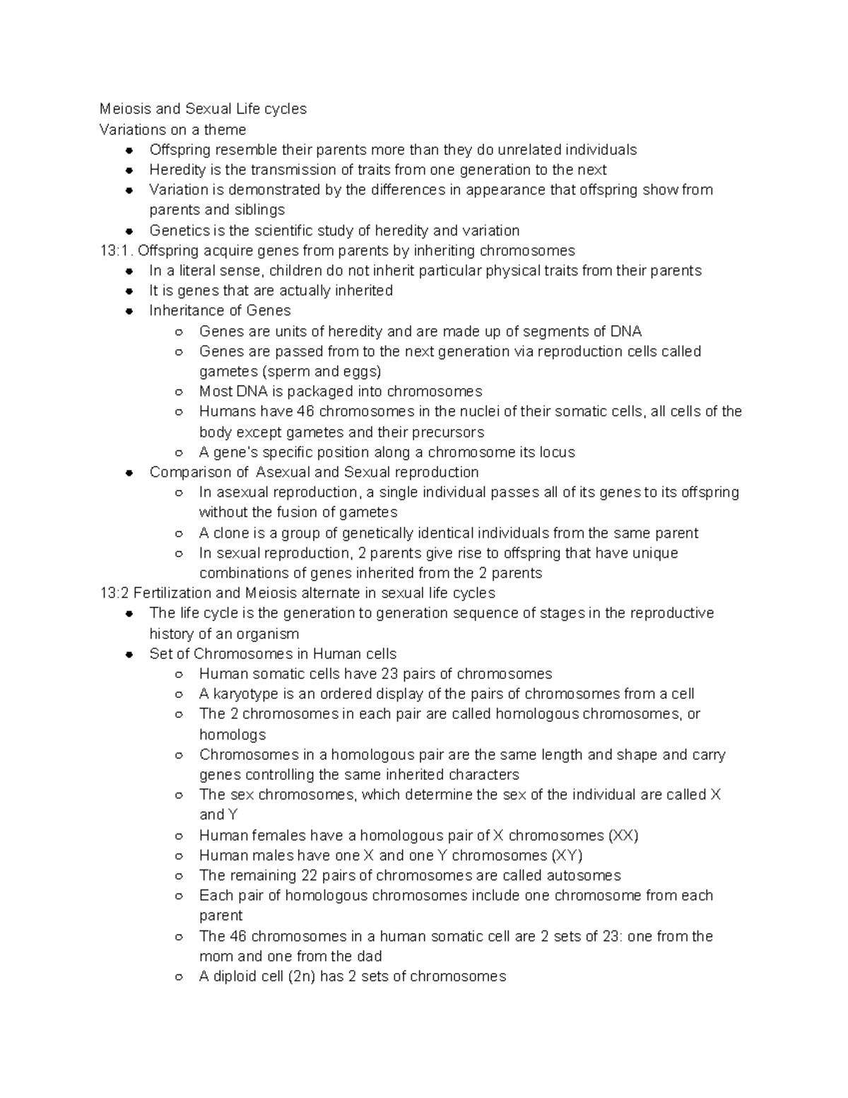 Bio1 chap 13 - Lecture notes 13 - Meiosis and Sexual Life cycles ...