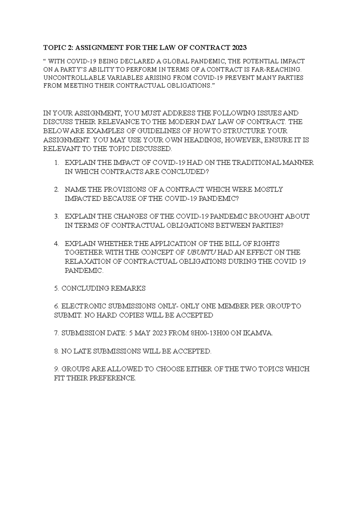 Topic 2- Assignment FOR LAW OF Contract - TOPIC 2: ASSIGNMENT FOR THE ...