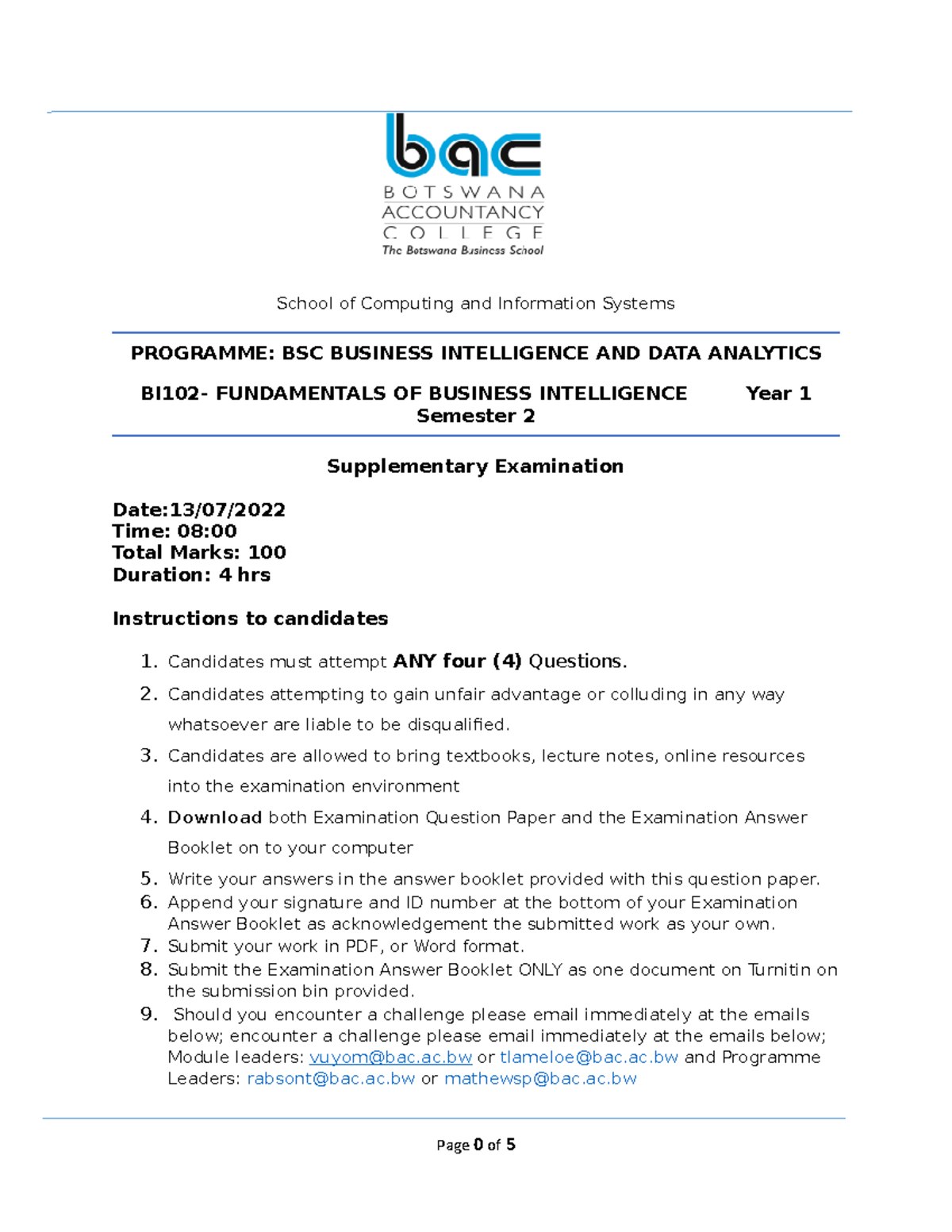 BI102 FBI Sup Examination March 2022 - School of Computing and Information Systems PROGRAMME ...