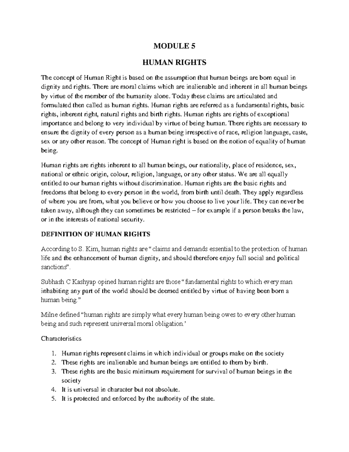 Module 5 Human Rights - MODULE 5 HUMAN RIGHTS The concept of Human ...