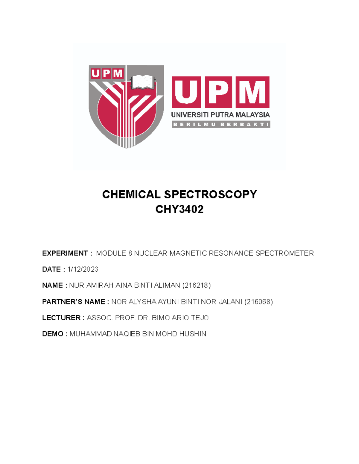 Lab Report Spectro Module 8 - CHEMICAL SPECTROSCOPY CHY EXPERIMENT ...