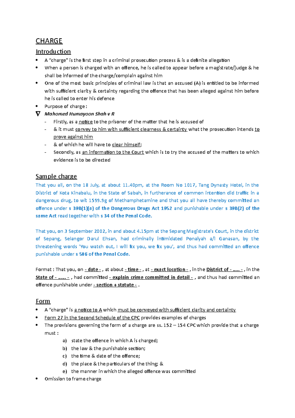 Charge Summary Criminal Procedure CHARGE Introduction A charge Is