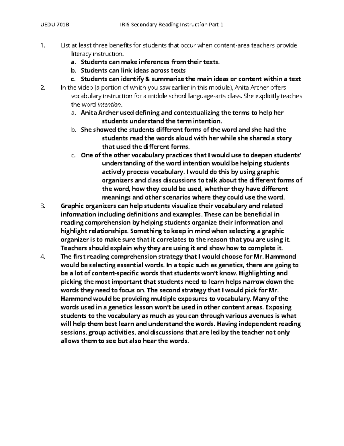 IRIS Module 3 - Rozanne Wahl - UEDU 701B IRIS Secondary Reading Instruction Part 1 List at least ...