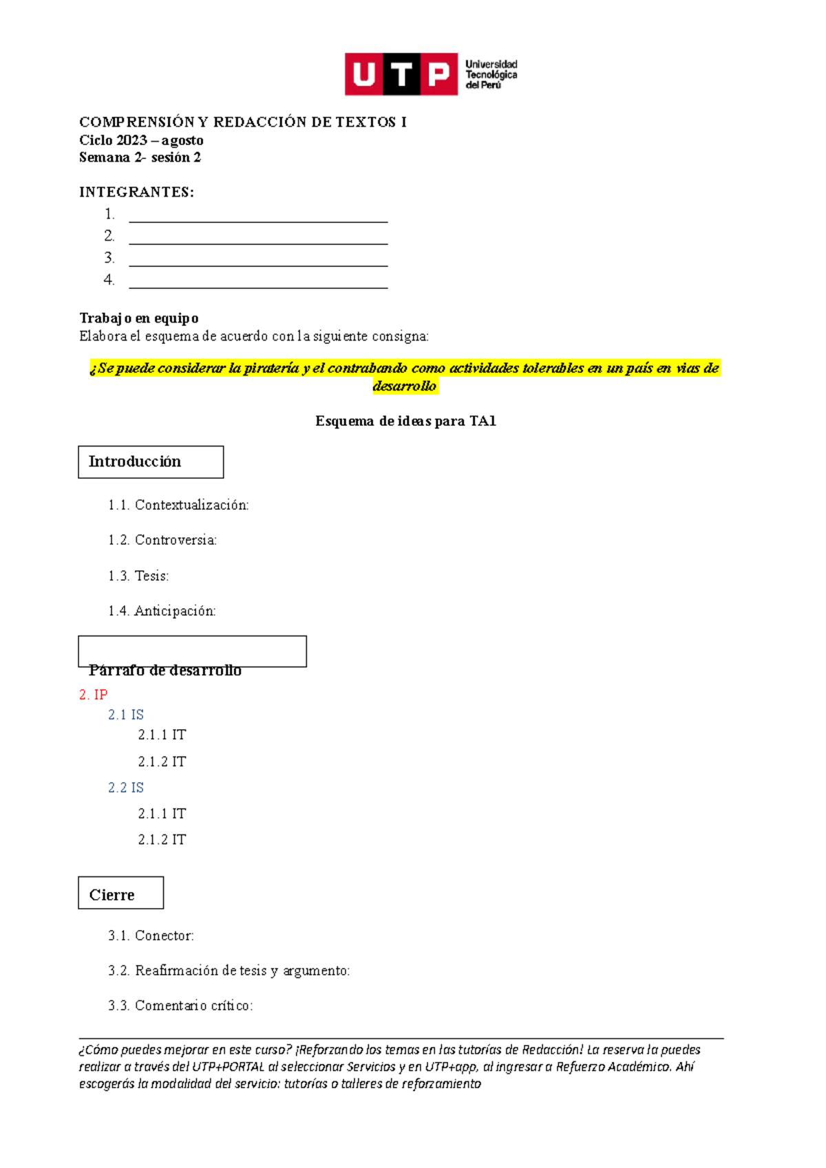 CRT1 S01.s2-Esquema para TA1 (material) 2023 agosto - COMPRENSIÓN Y REDACCIÓN DE TEXTOS ICiclo ...