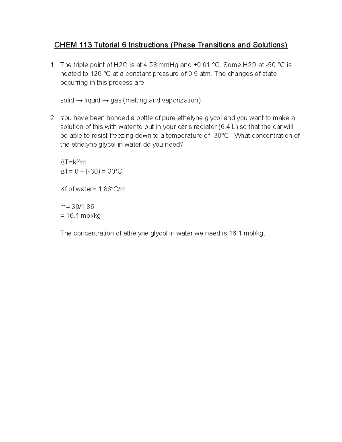 CHEM 113 Tutorial 6 Instructions (Phase Transitions and Solutions ...