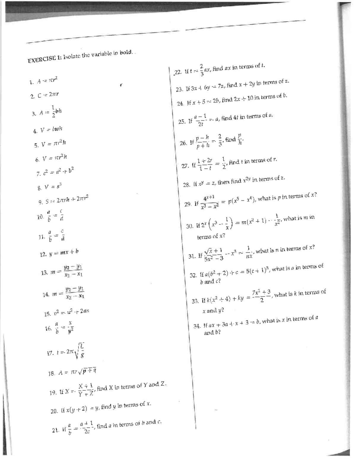 Additional Math Drills 2 - Isolating the Variable - MATH 124 - UNLV ...