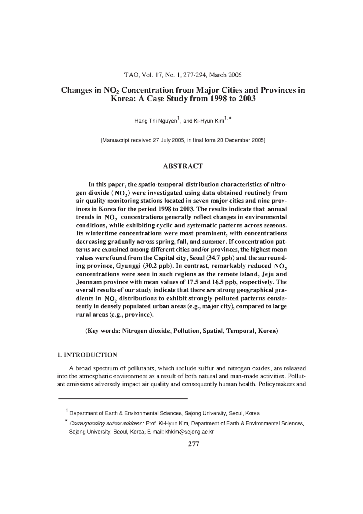 Changes in NO2 Concentration from Major - 277 TAO, Vol. 17, No. 1, 277 ...