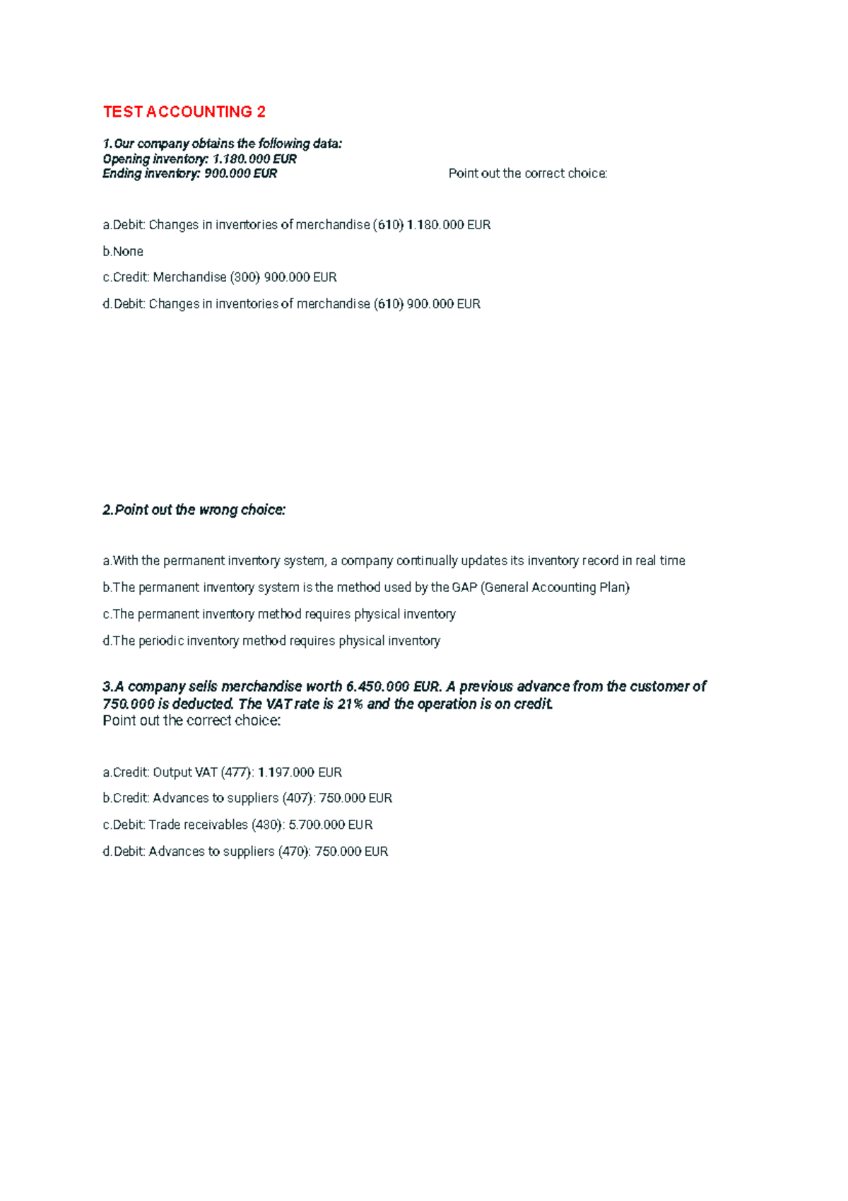 TEST Accounting 2 - Test sobre contabilitat de segon de carrera, - TEST ...