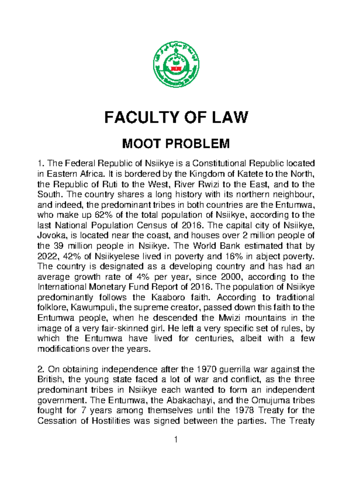 MOOT Problem Question L3 - FACULTY OF LAW MOOT PROBLEM The Federal ...