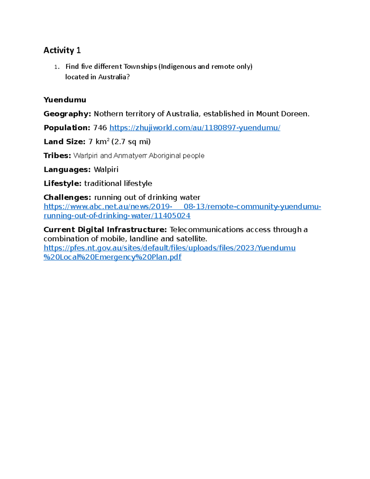 Activity 1 outcome file - Activity 1 1. Find five different Townships ...