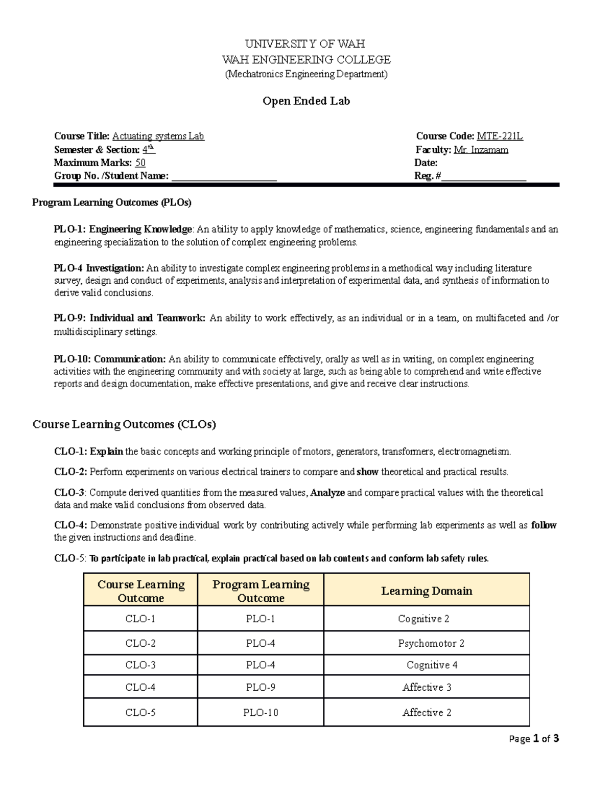 Actuating systems Lab OEL - UNIVERSITY OF WAH WAH ENGINEERING COLLEGE (Mechatronics Engineering ...