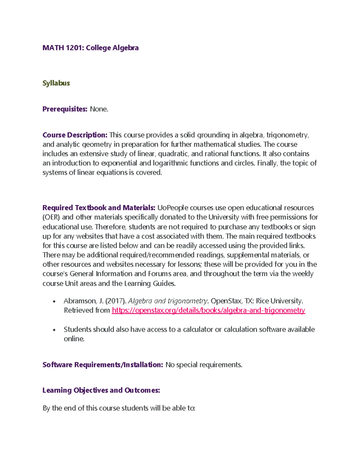 MATH 1201 Syllabus - MATH 1201: College Algebra Syllabus Prerequisites ...