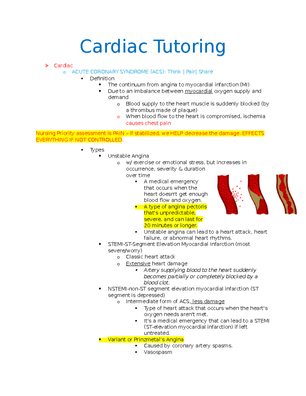 Zoom tutoring (Cardiac) - Cardiac Tutoring Cardiac o ACUTE CORONARY ...