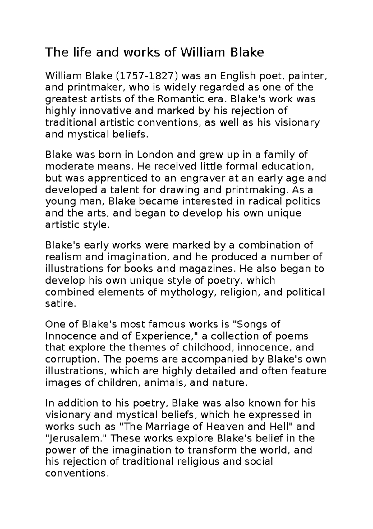 The life and works of William Blake - The life and works of William ...