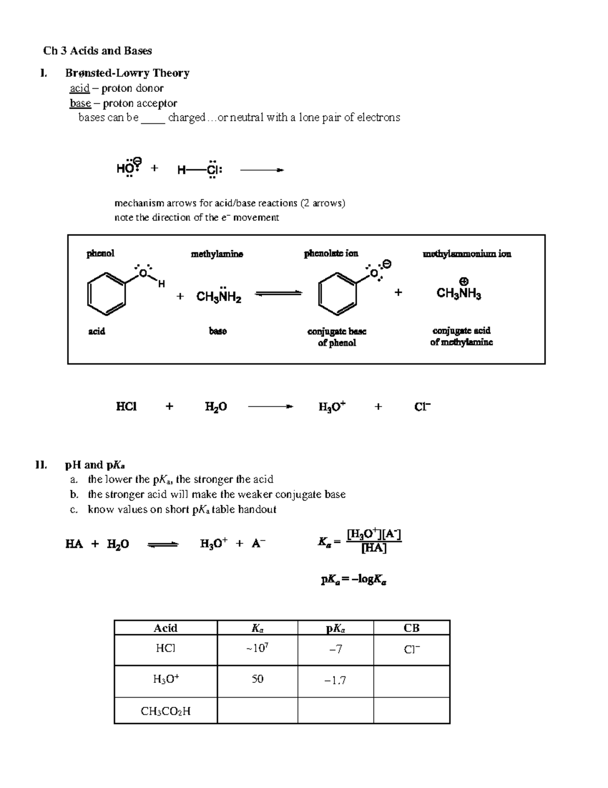 Ch 3 Acids and Bases Notes - Ch 3 Acids and Bases I. Brønsted-Lowry ...