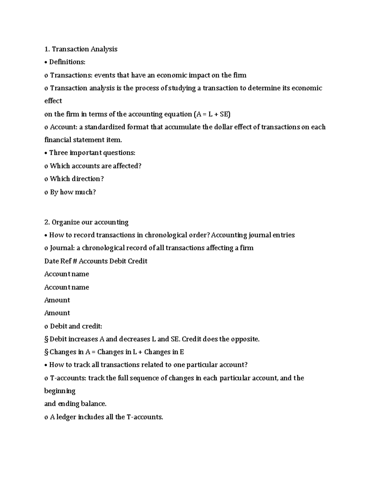 Chapter 2 Summary - Transaction Analysis Definitions: o Transactions ...